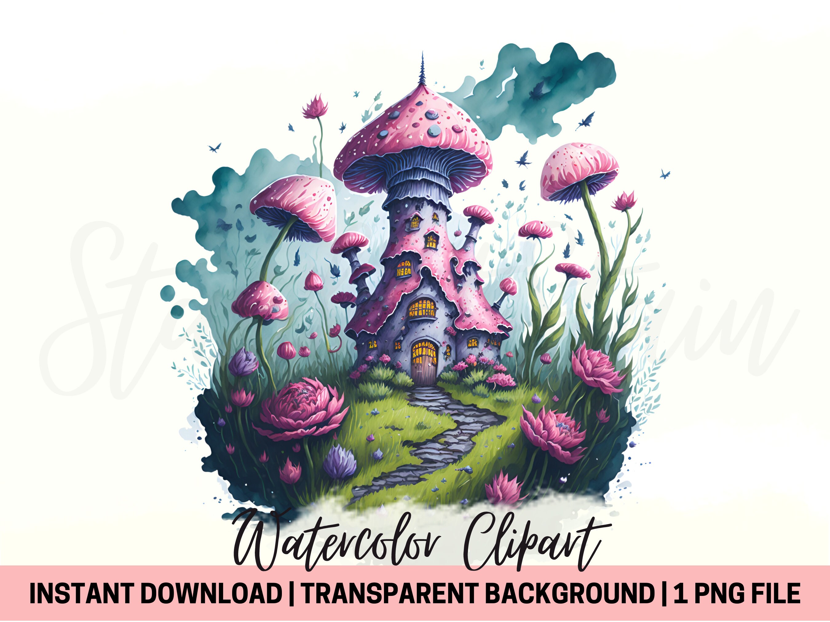 Fairy Mushroom House Clipart Watercolor Peony Flower PNG Transparent ...