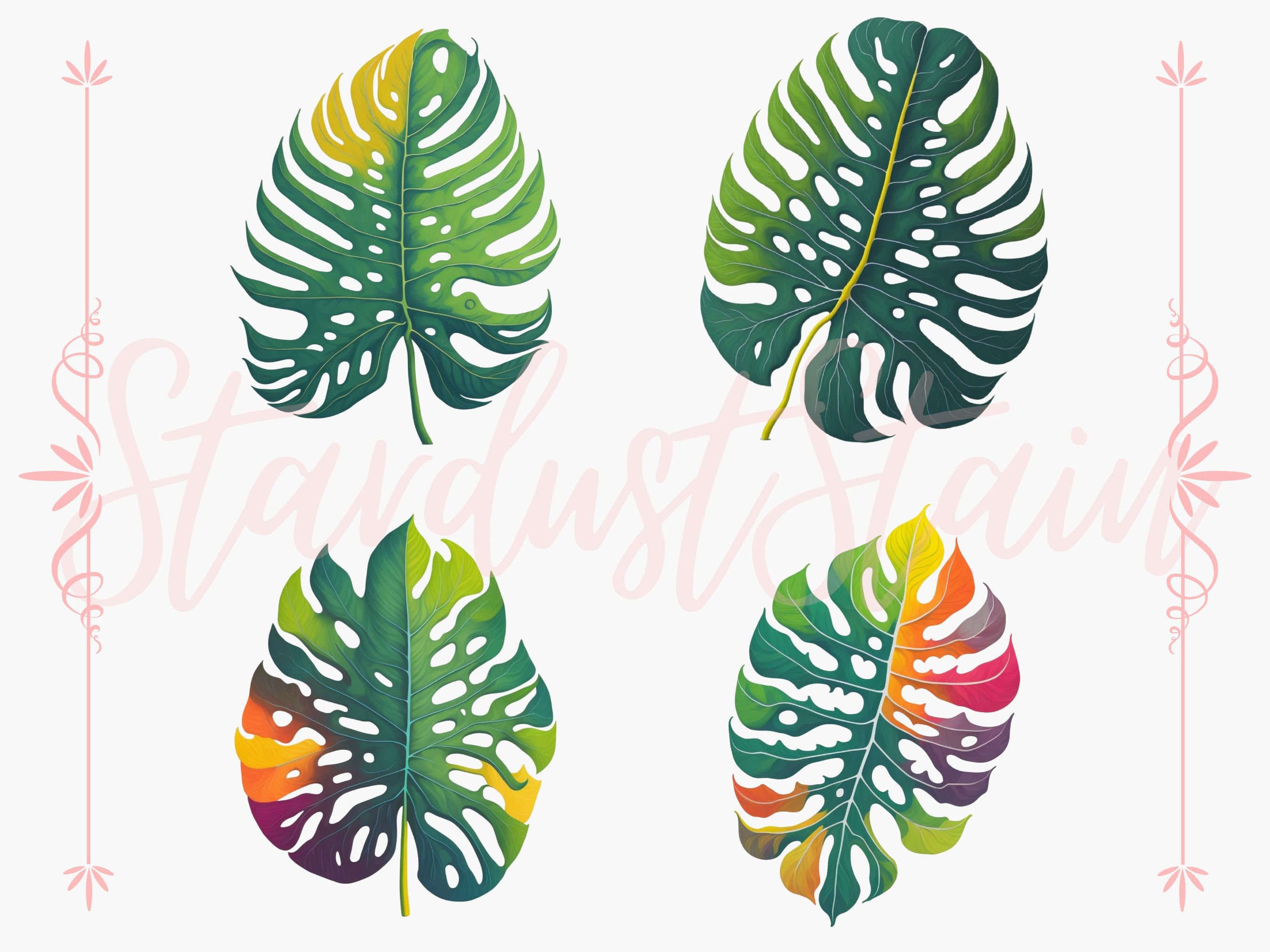 Watercolor Rainbow Monstera Leaves Clipart Monstera Albo Leaf Print ...