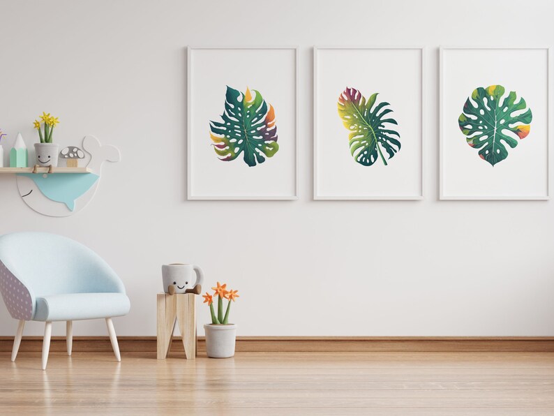 Watercolor Rainbow Monstera Leaves Clipart Monstera Albo Leaf Print ...