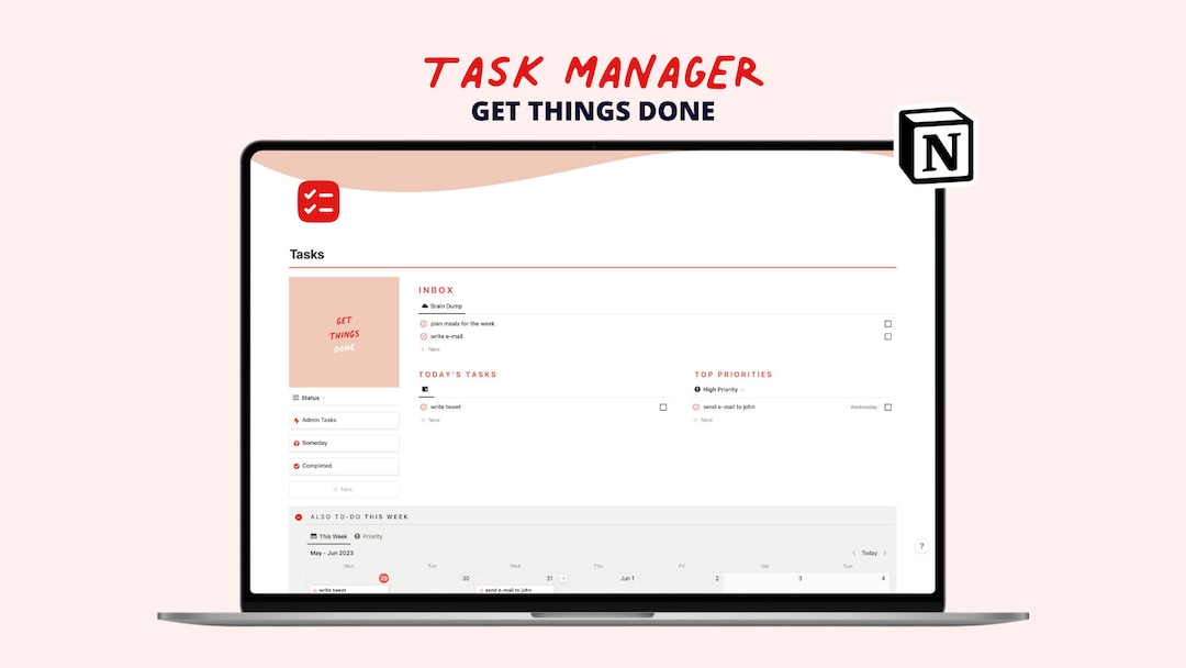 Notion Template Task Manager | Productivity Manager, Weekly Planner for ...