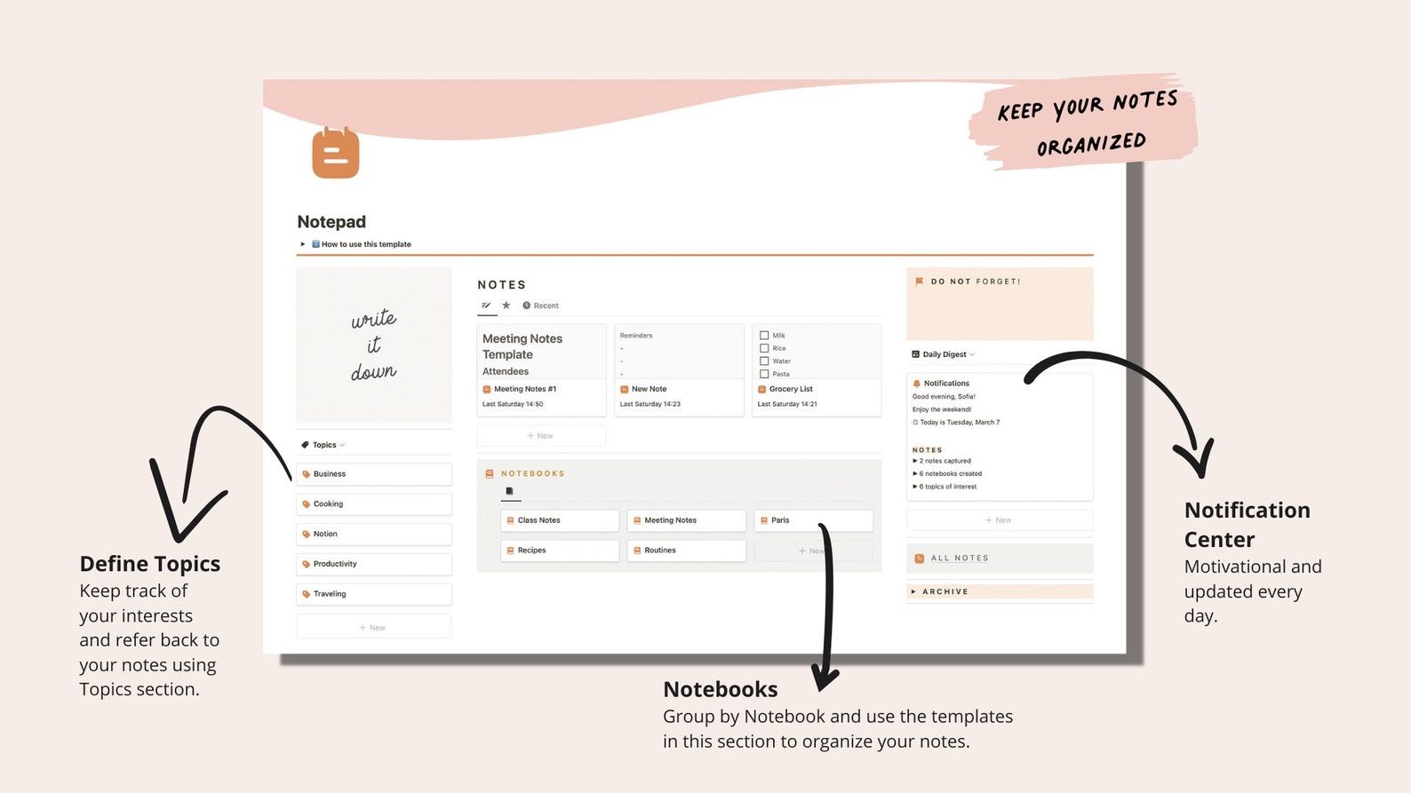 Notion Template Notepad | Note-taking Planner, Personal Notes Organizer ...