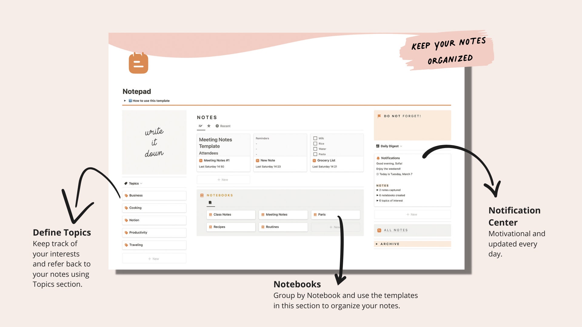 Notion Template Notepad | Note-taking Planner, Personal Notes Organizer ...