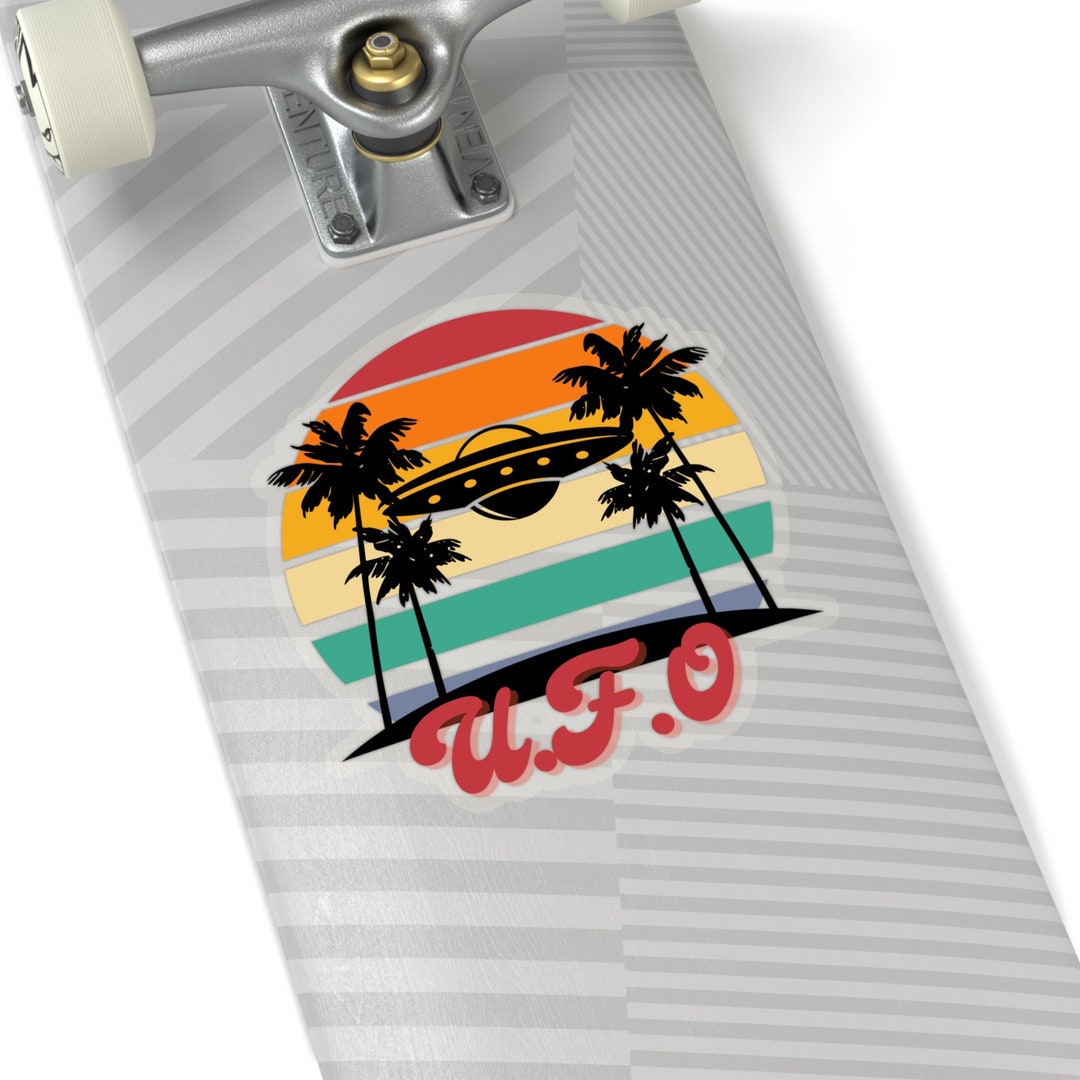 Retro Sunset UFO, Fun Retro Style UFO, UAP Kiss-cut Sticker Design ...