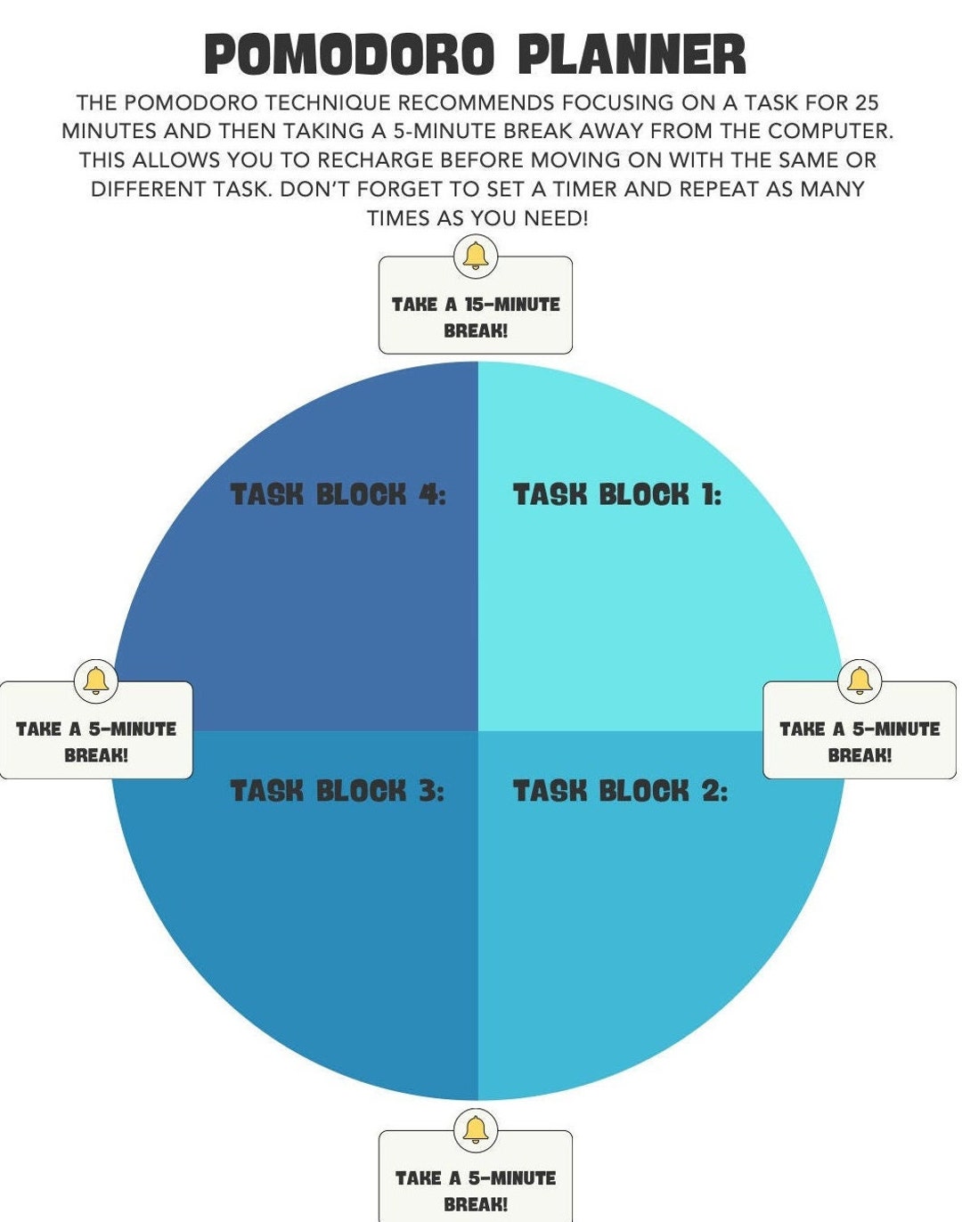 Pomodoro Planner Template! Circle Chart Blues - Etsy
