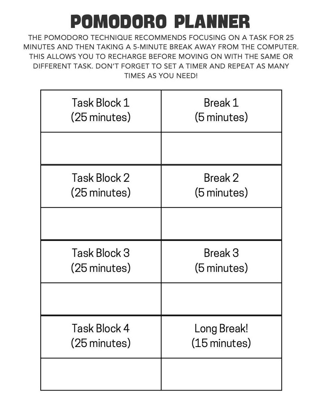 Pomodoro Planner Template Chart - Etsy