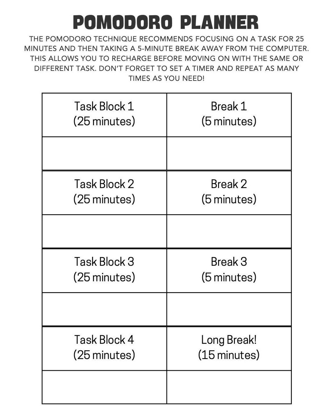 Pomodoro Planner Template Chart - Etsy