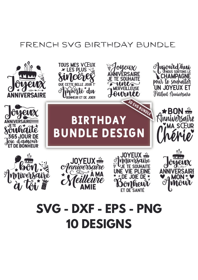10 French Svg Happy Birthday Bundle, Shirt Designs Svg Files for Shirts ...