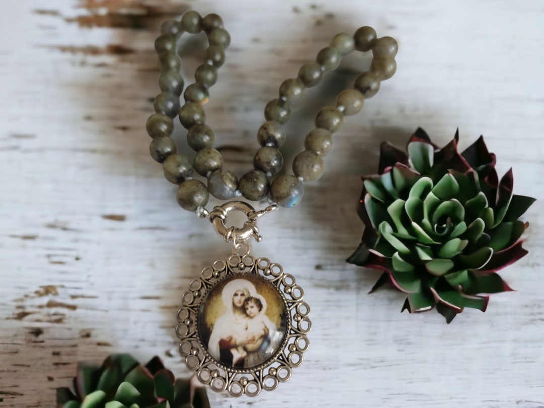 Virgin Mary Necklace, Semiprecious Gemstone Necklace With Silver Holy ...
