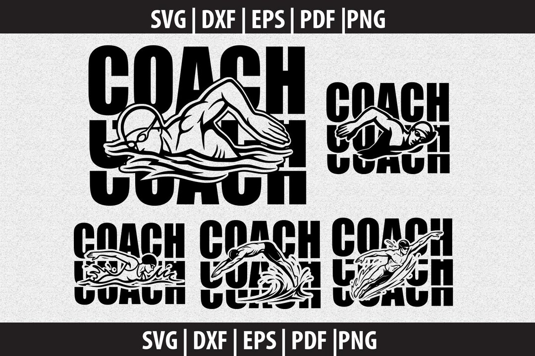 Sports Clipart: Black Words "coach" With Swimmer Silhouette Cutout for ...
