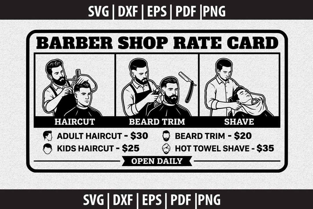 Barber Shop Rate Card SVG Bundle: Haircut, Beard, Shave (digital ...