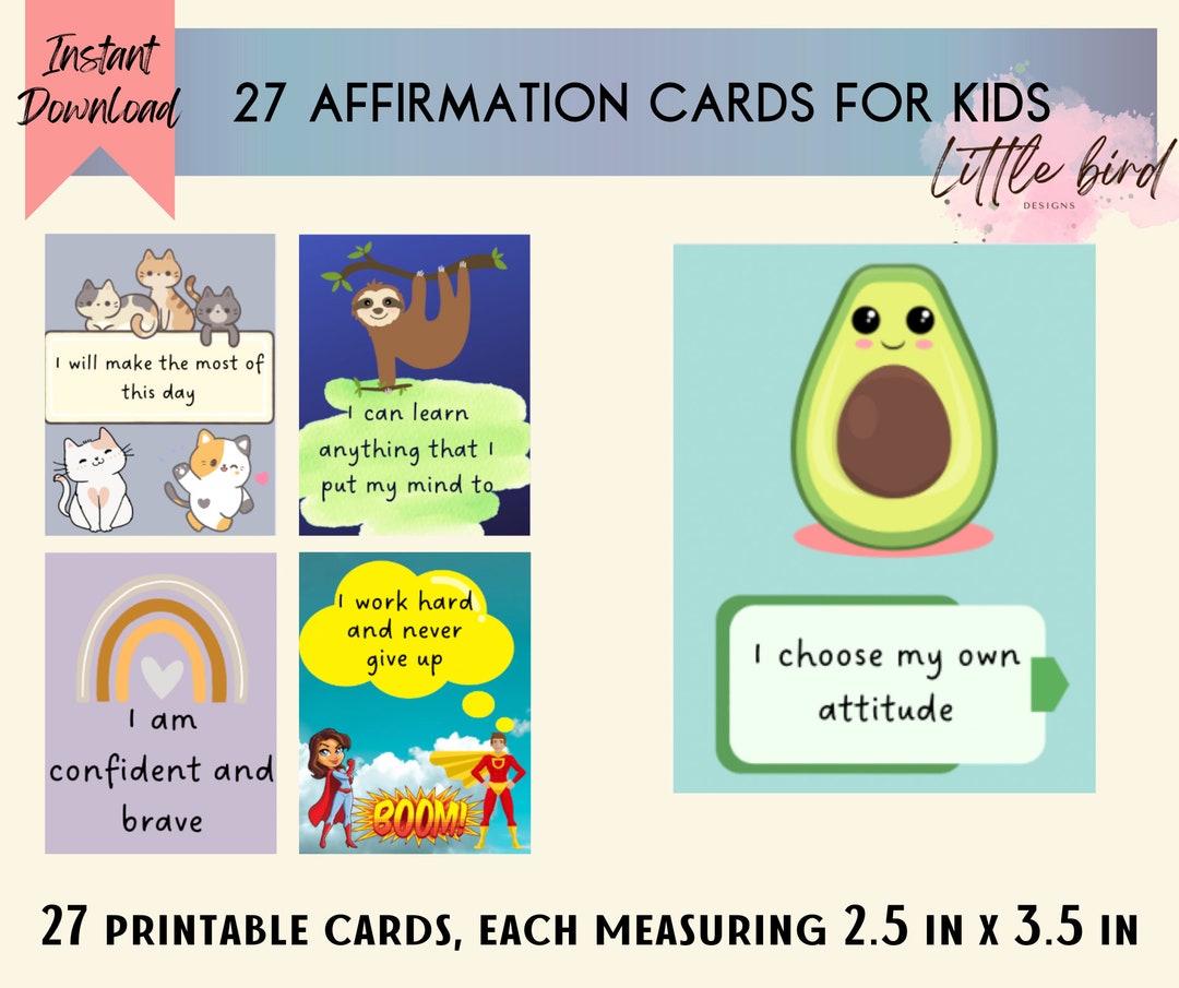 Affirmation Cards for Kids, 27 Printable Digital Flash Cards ...