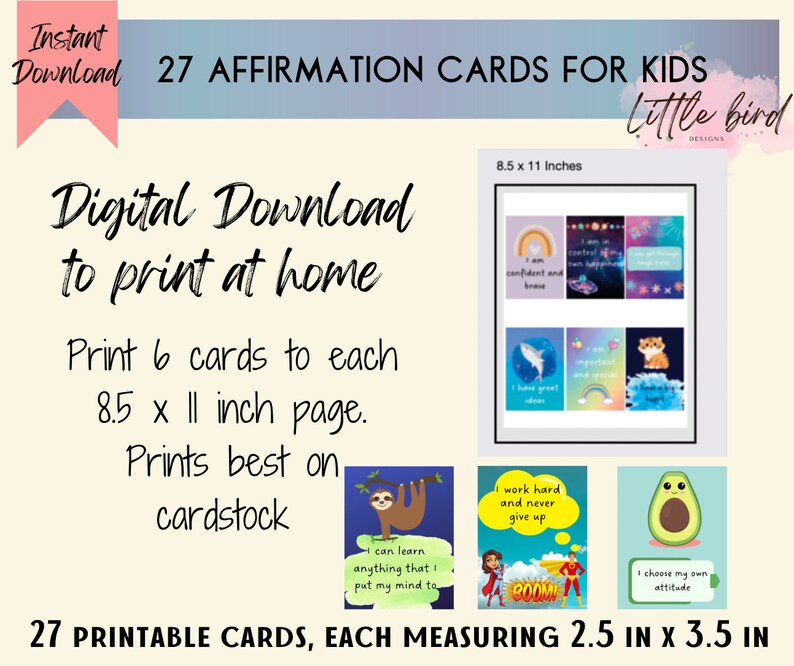 Affirmation Cards for Kids, 27 Printable Digital Flash Cards ...