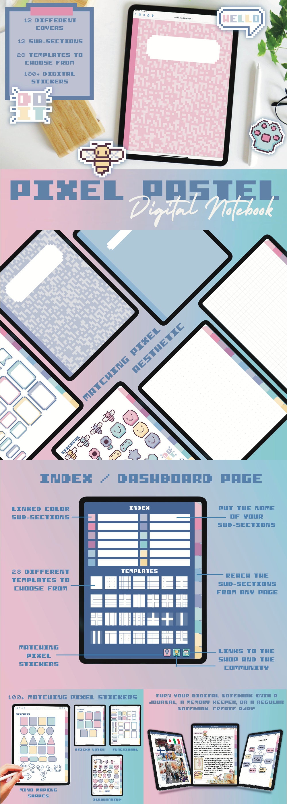 Pastel Pixel Digital Notebook | 12 Covers, 12 Section, 28 Templates ...