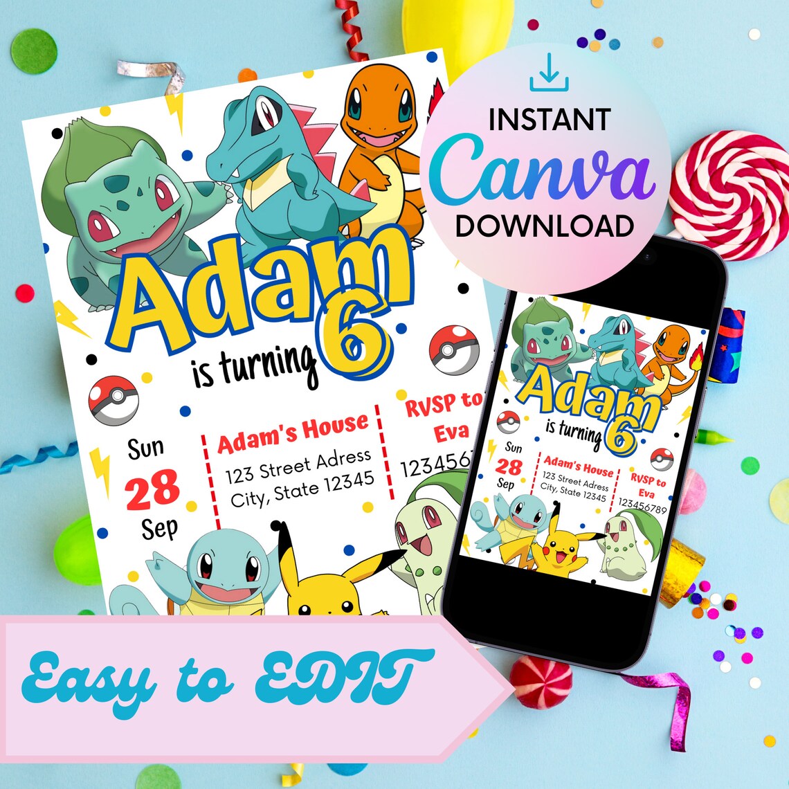 Pikachu Birthday Editable Invitation Pokemon Printable Invite Kids ...