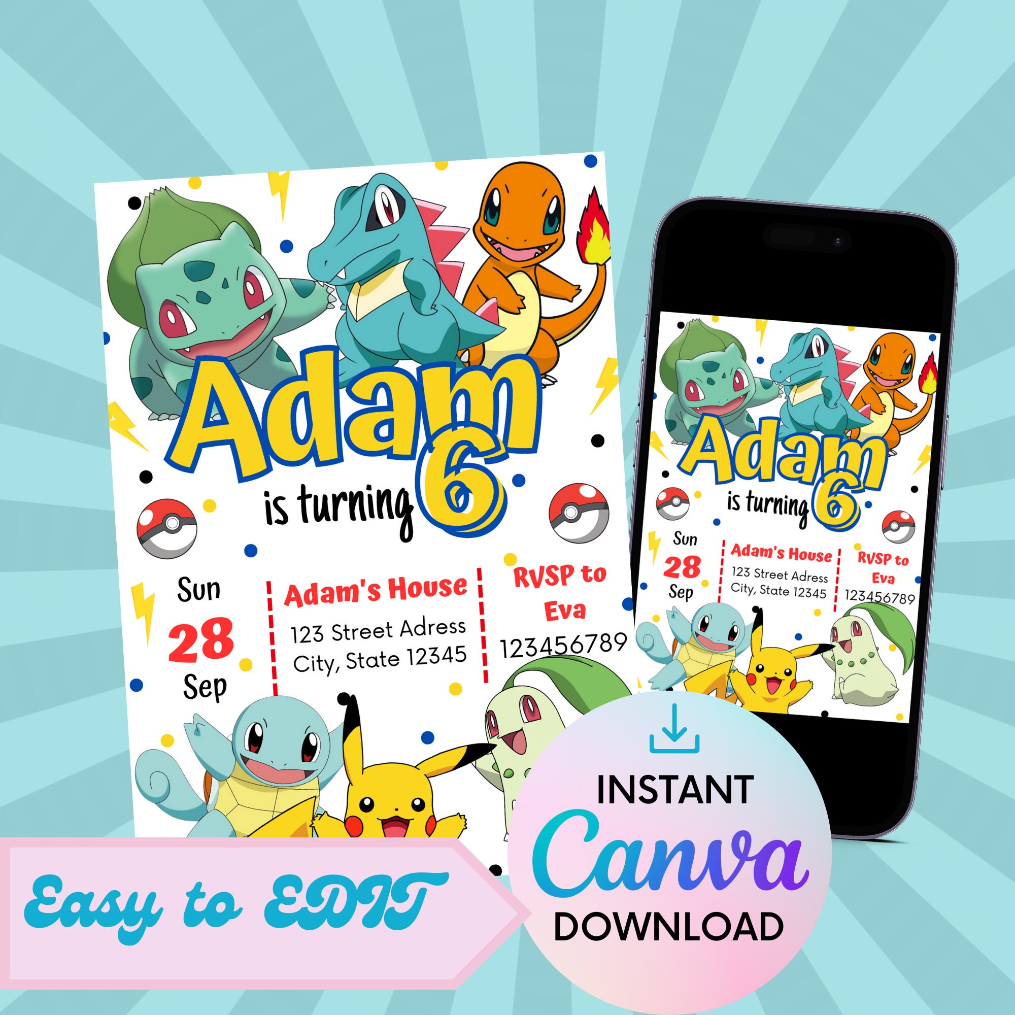 Pikachu Birthday Editable Invitation Pokemon Printable Invite Kids ...