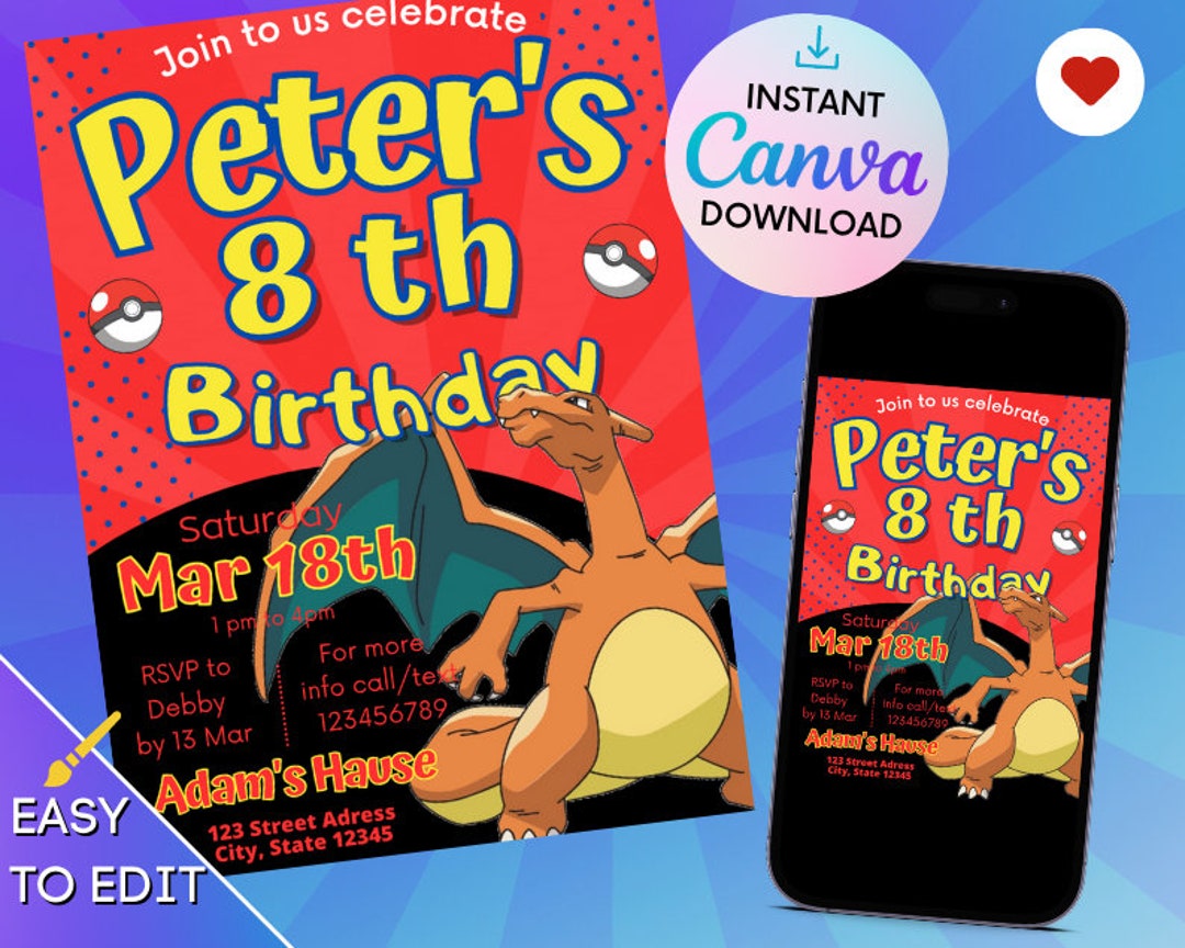 Charizard Birthday Editable Invitation Pokemon Printable - Etsy