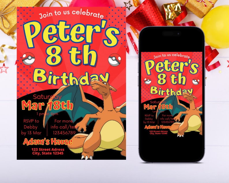 Charizard Birthday Editable Invitation Pokemon Printable Invite Kids ...