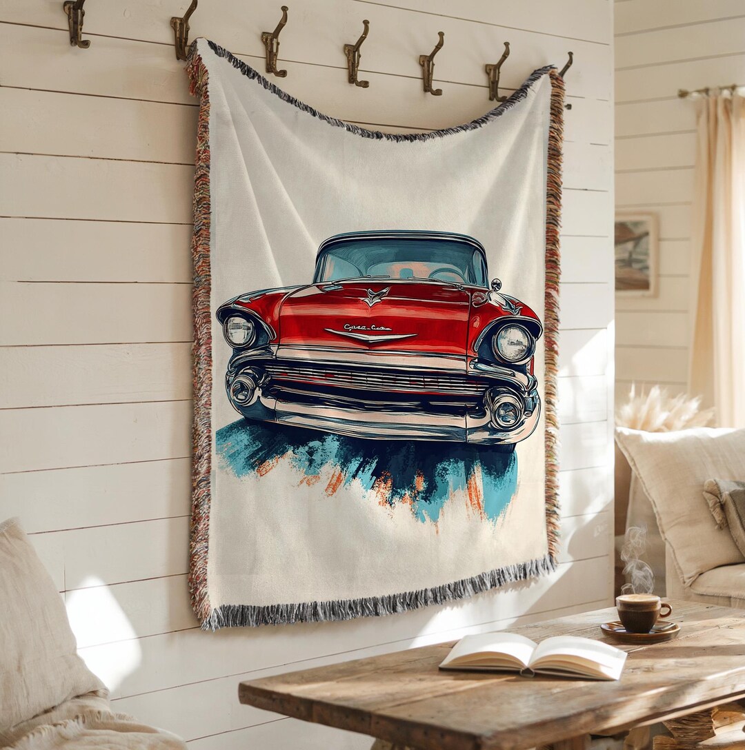 Vintage Red 57 Chevy Woven Blanket, Classic Car 100% Cotton Throw ...