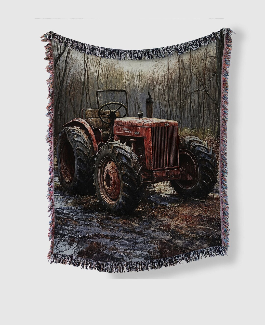Vintage Working Tractor on Farm During Fall Woven Blanket, 100% Cotton ...