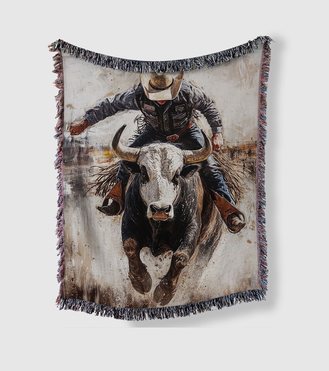 Rodeo Cowboy Riding A Bull Woven Blanket, Rustic Western-themed 100% ...