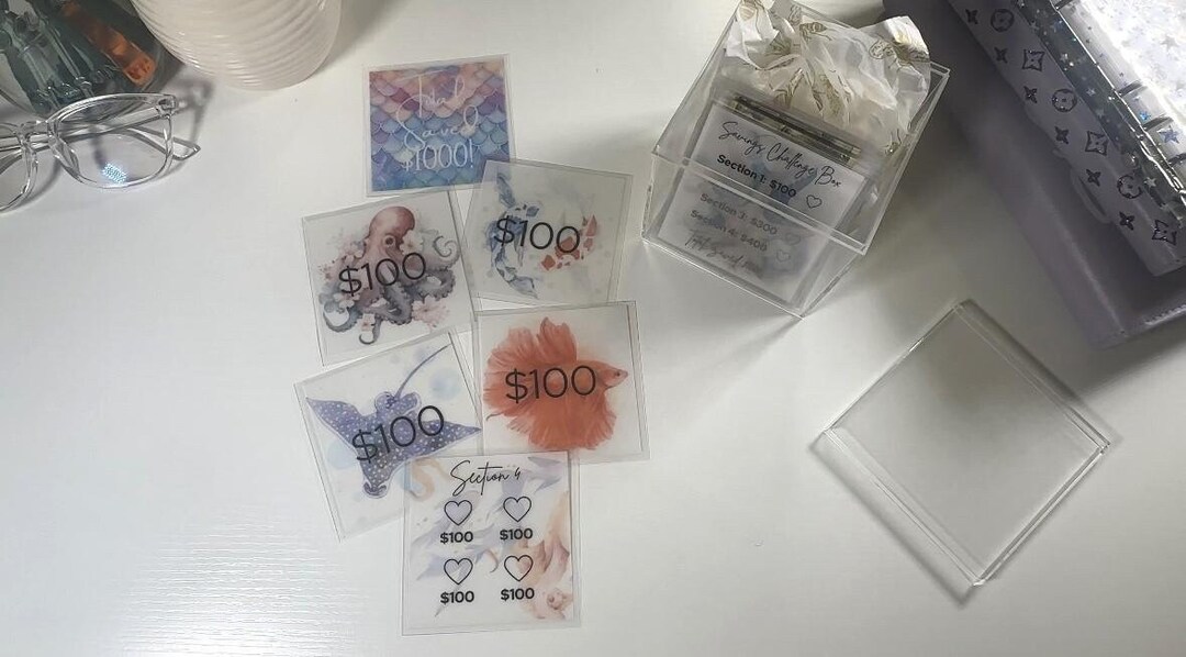 1000 Dollar Savings Challenge Box, Ocean Theme, Starfish, Seashells ...