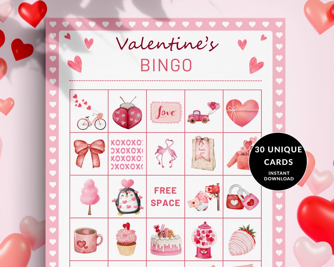 Valentine's Day Bingo Game for Kids and Adults, Valentine's Party Games ...