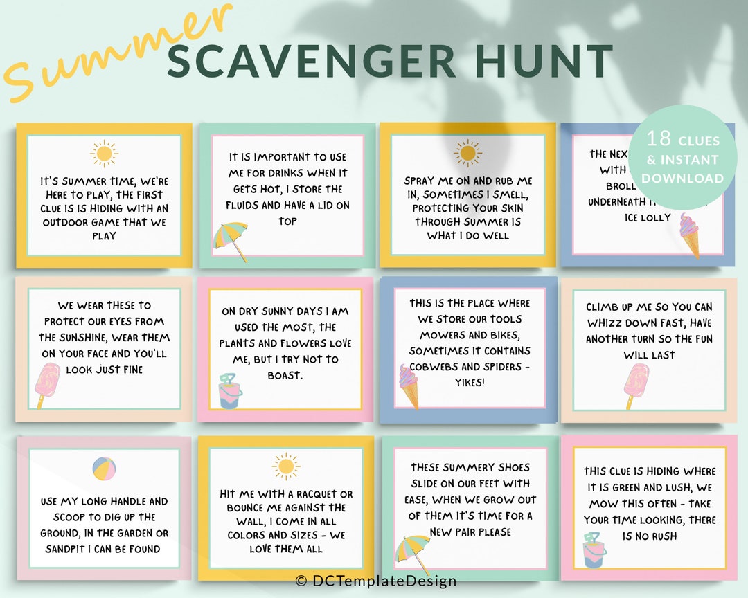 Summer Scavenger Hunt Game, Outdoor Scavenger Hunt Clues, Garden ...