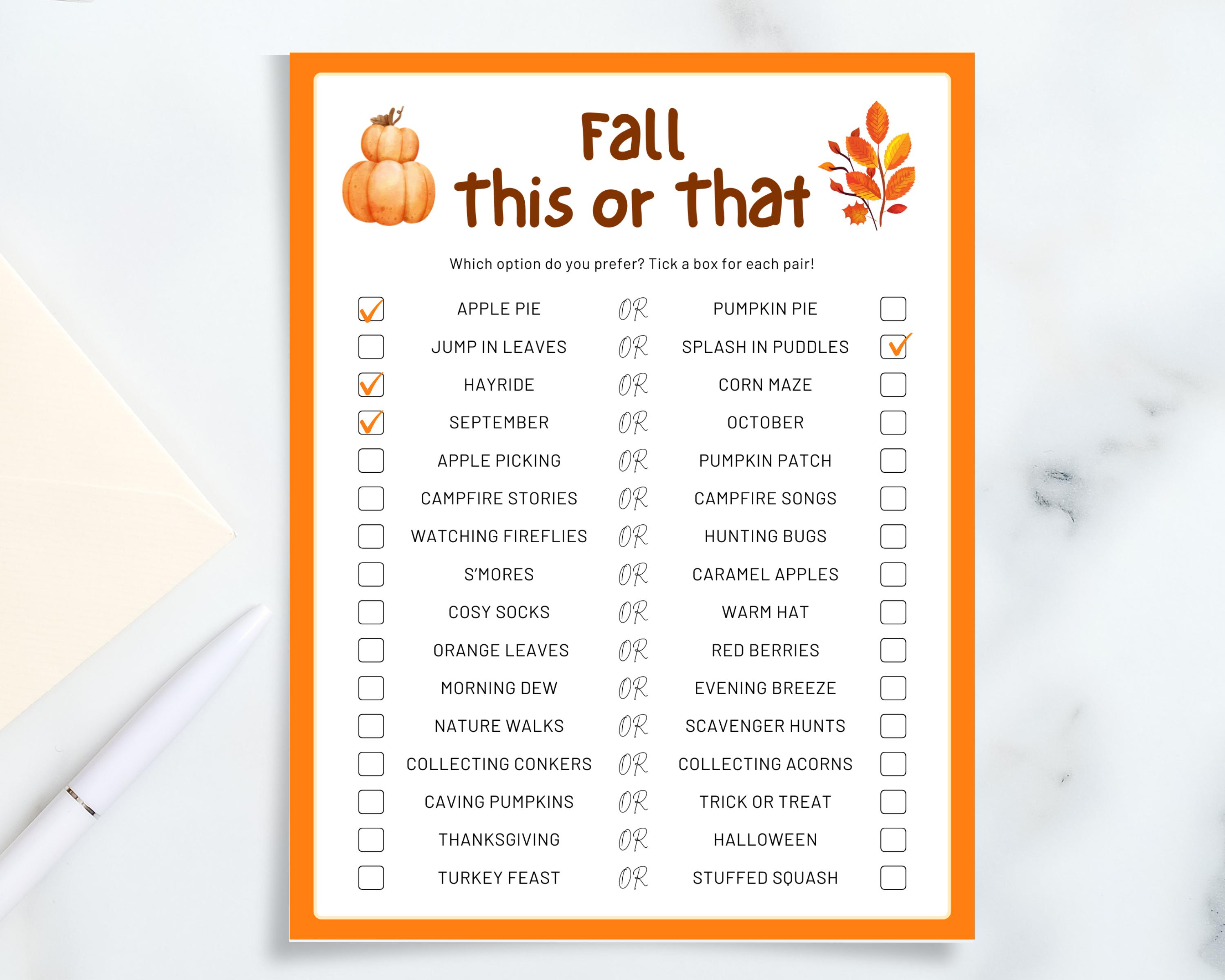 This or That Game Fall Themed, Fall Party Game, Autumn Game ...