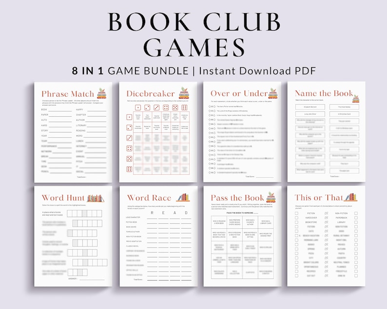 Book Club Games, Book Club Icebreaker Games, Bookclub Party Games, Book ...