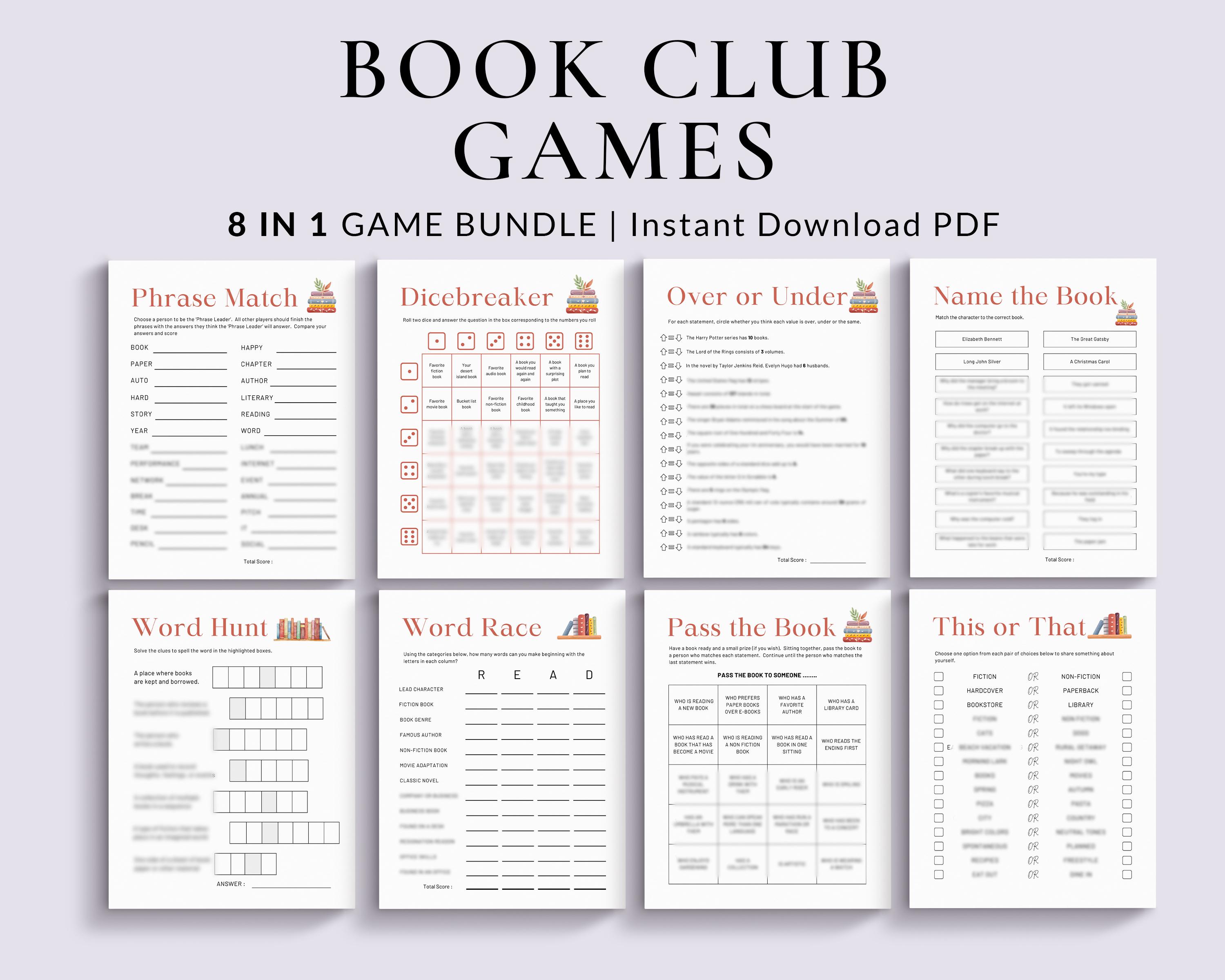 Book Club Games, Book Club Icebreaker Games, Bookclub Party Games, Book ...