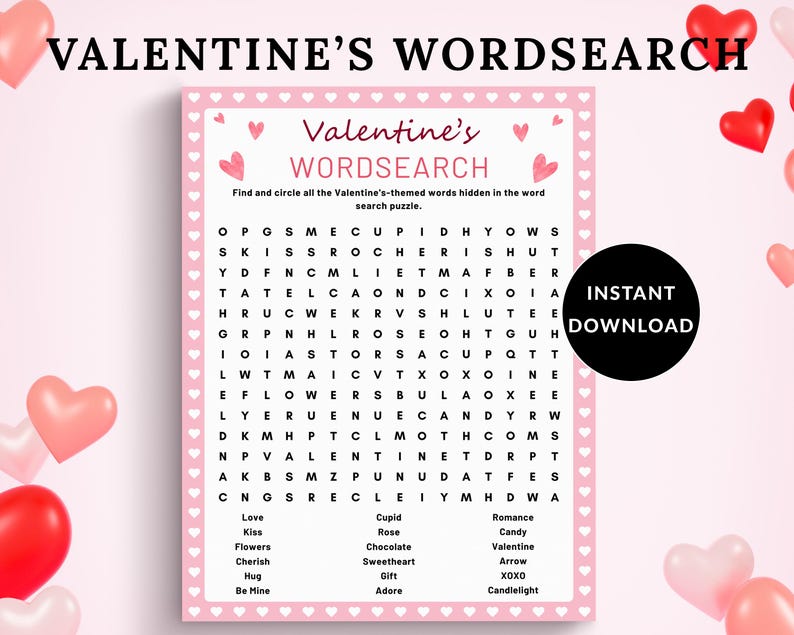 Valentines Day Word Search Game, Valentines Day Activity, Valentines ...