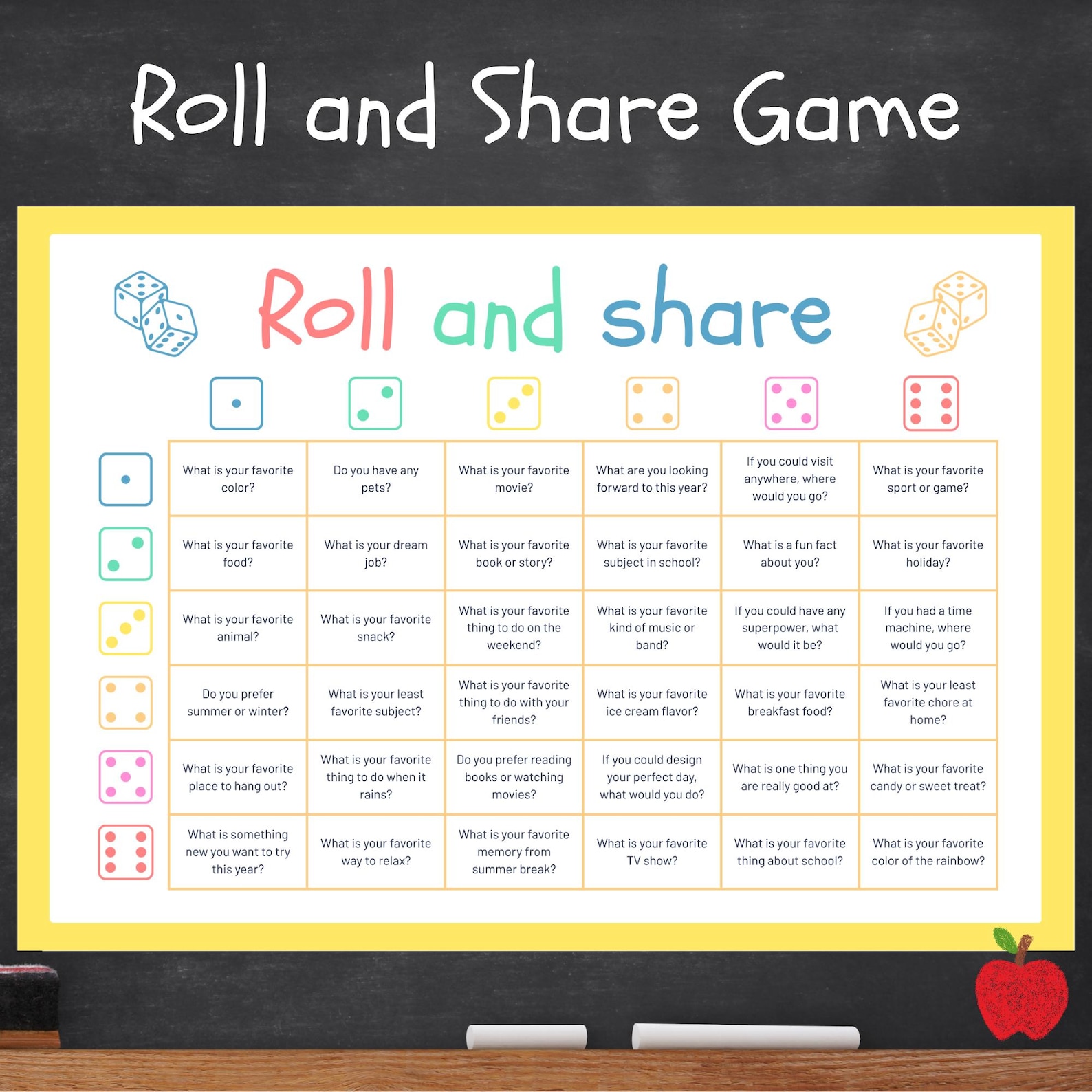 Roll and Tell Game, Back to School Icebreaker Questions (PDF Printable ...
