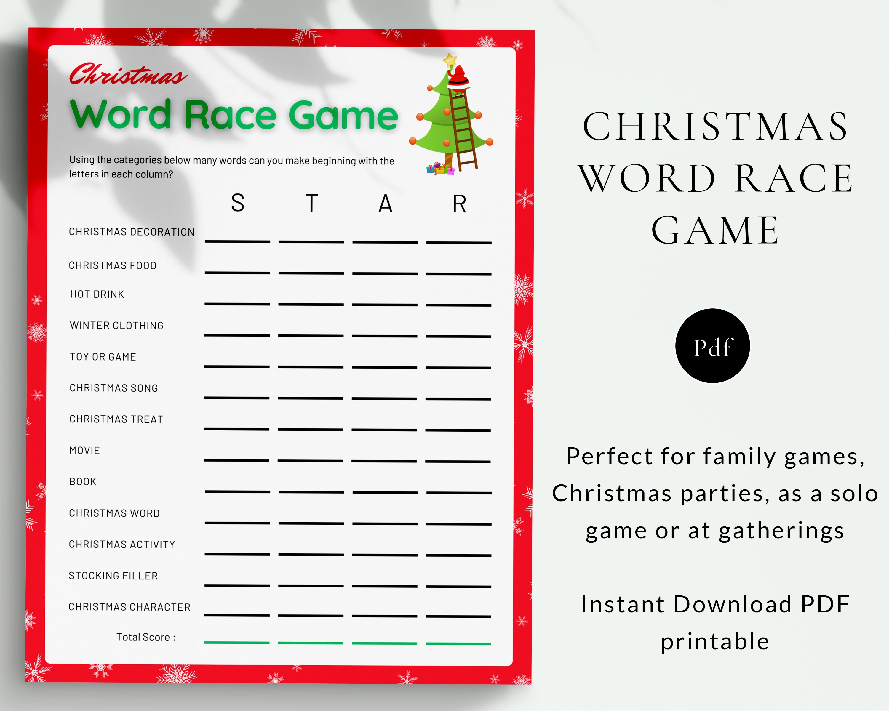 Word Race Christmas Game Scattergories Game Printable, Christmas Family ...
