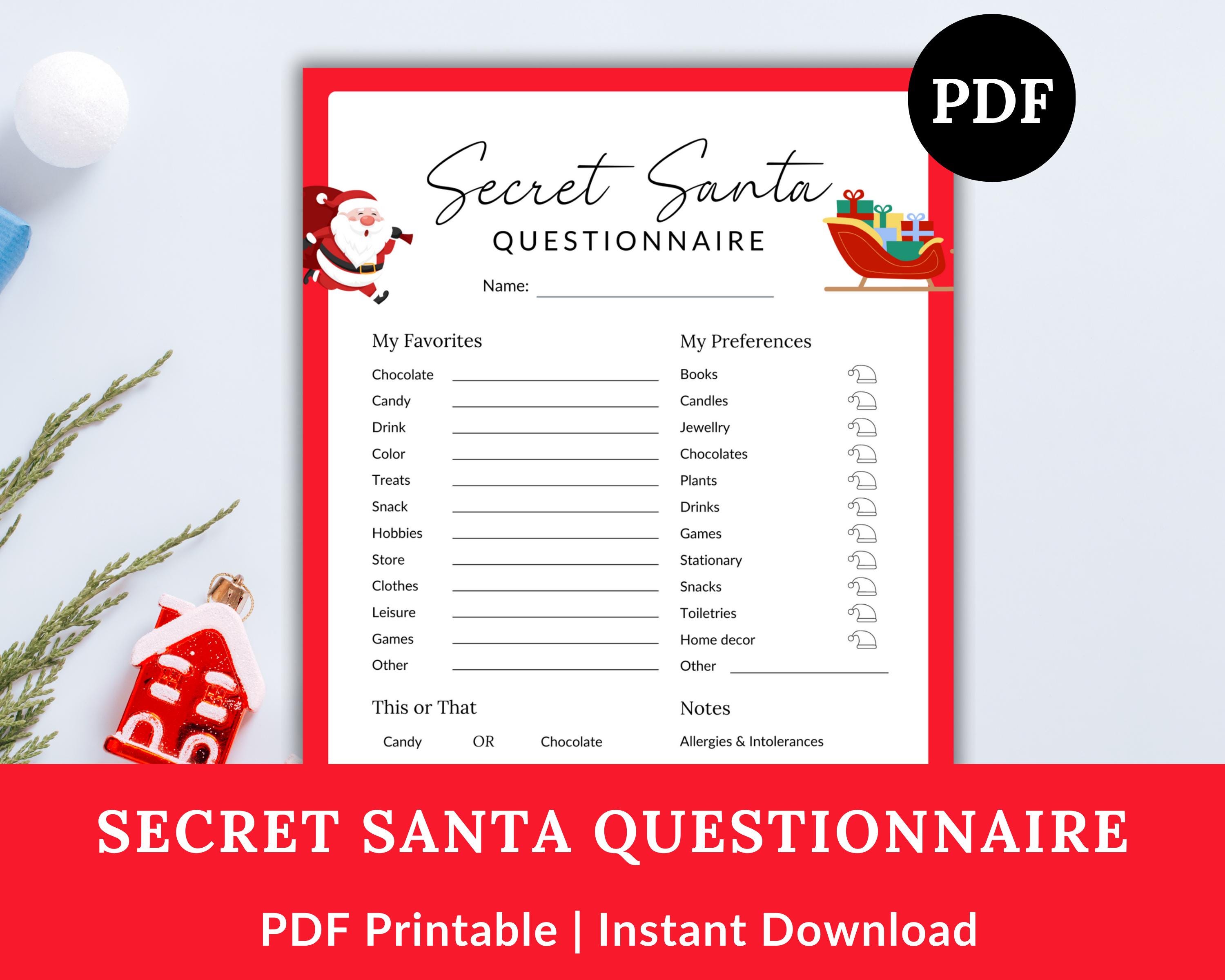 Secret Santa Questionnaire, Secret Santa Survey Form, Christmas All ...