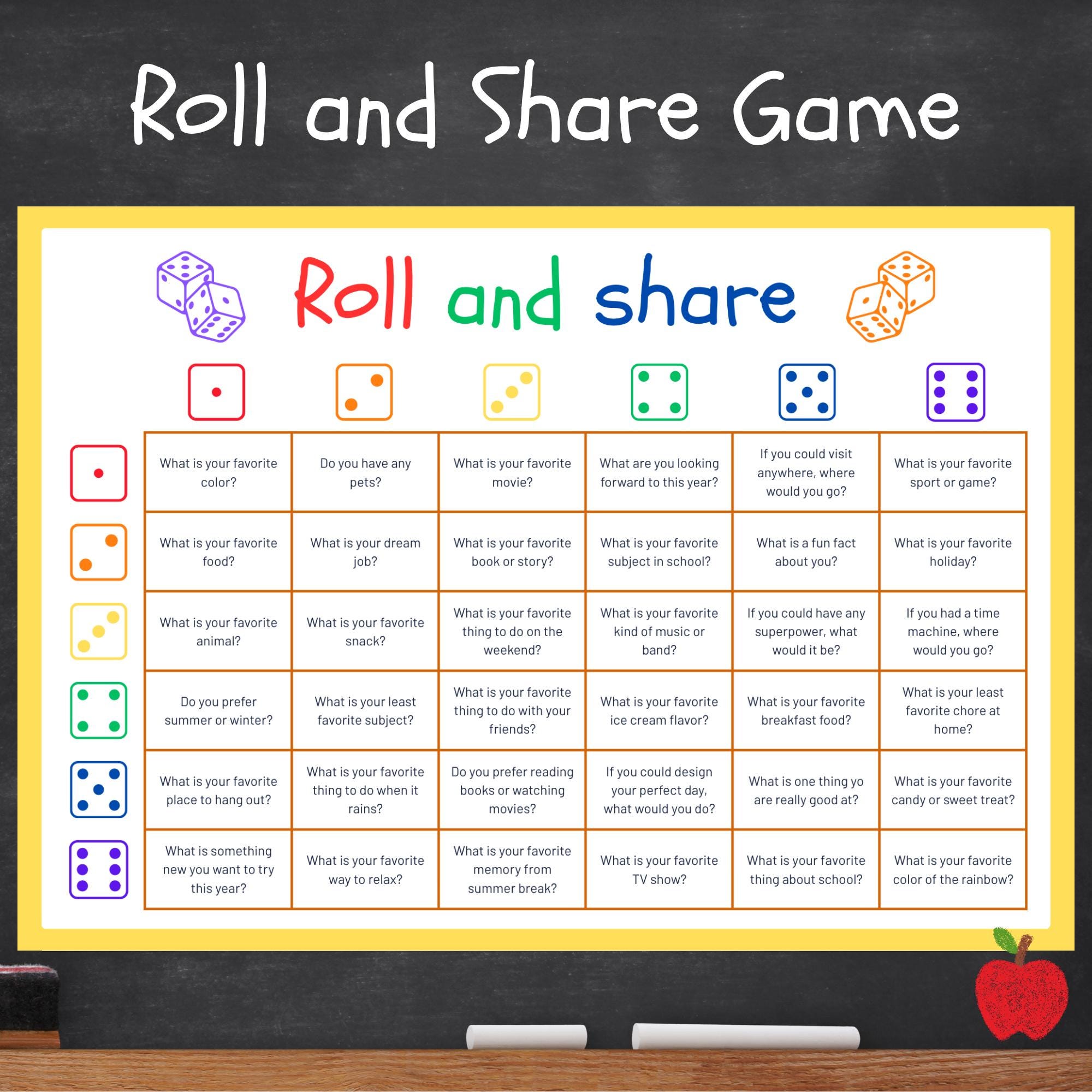 Back to School Roll and Share Game, Dicebreaker Game for Kids, Teacher ...