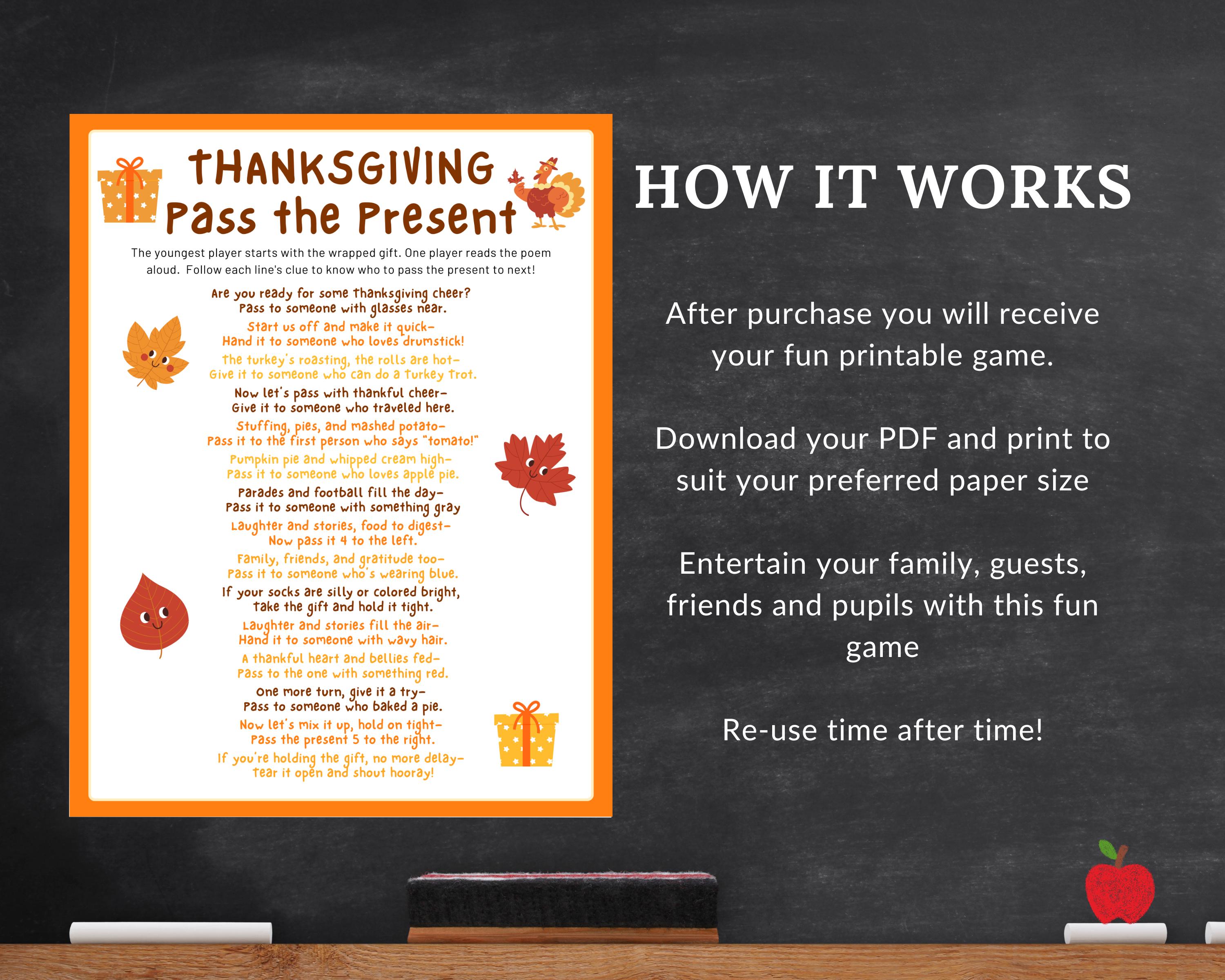 Thanksgiving Pass the Present Game, Thanksgiving Game for Adults Kids ...