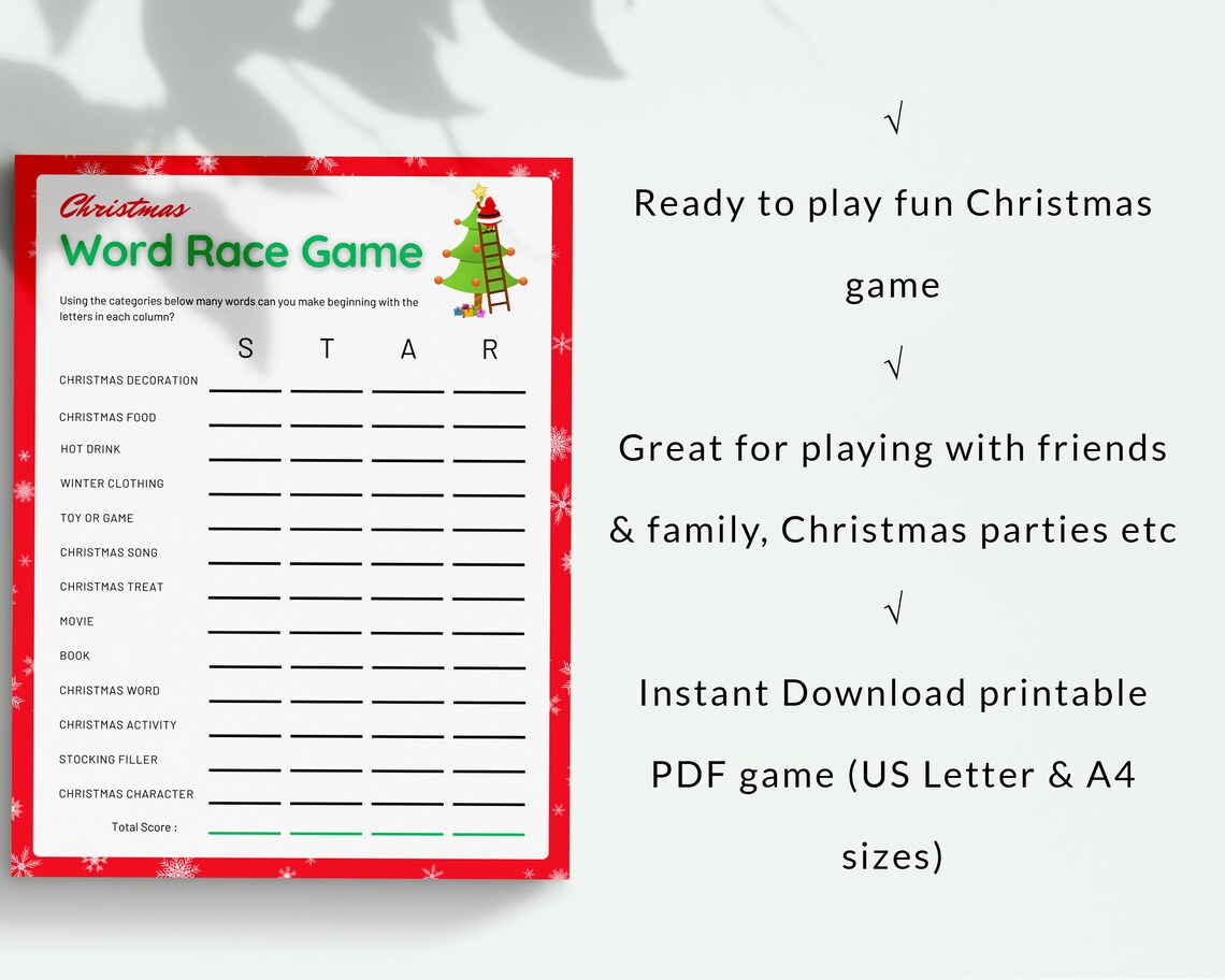 Word Race Christmas Game Scattergories Game Printable, Christmas Family ...