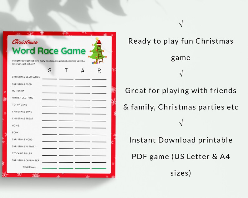 Word Race Christmas Game Scattergories Game Printable, Christmas Family ...