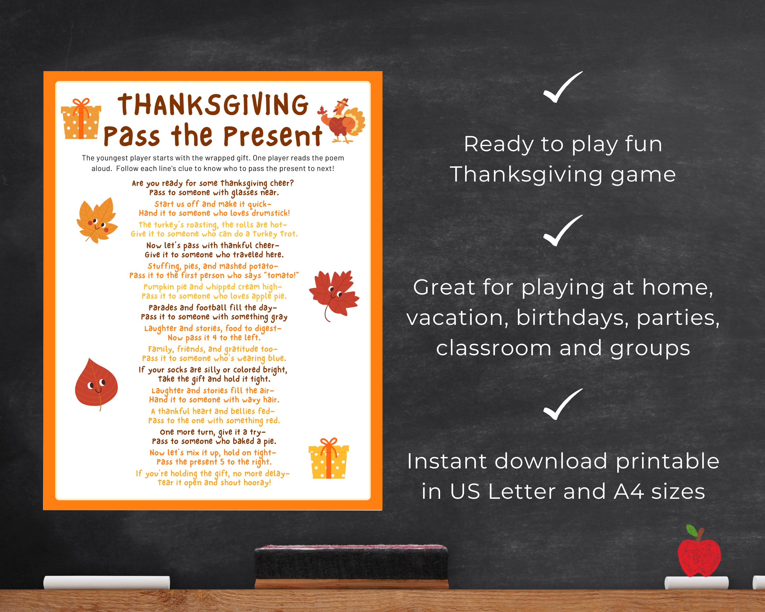 Thanksgiving Pass the Present Game, Thanksgiving Game for Adults Kids ...
