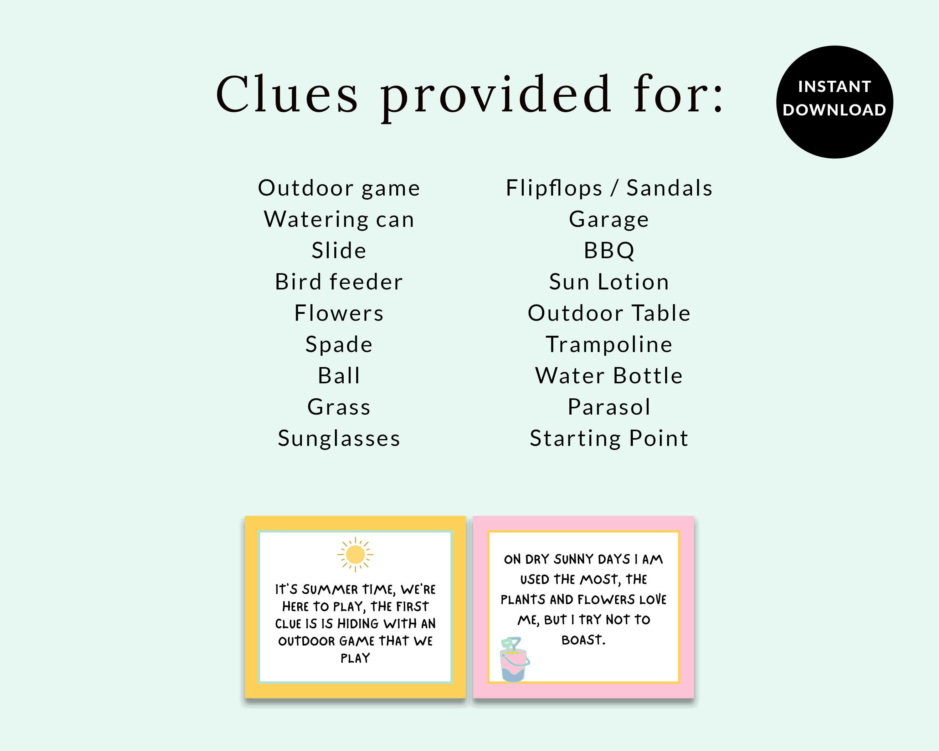 Summer Scavenger Hunt Game, Outdoor Scavenger Hunt Clues, Garden ...
