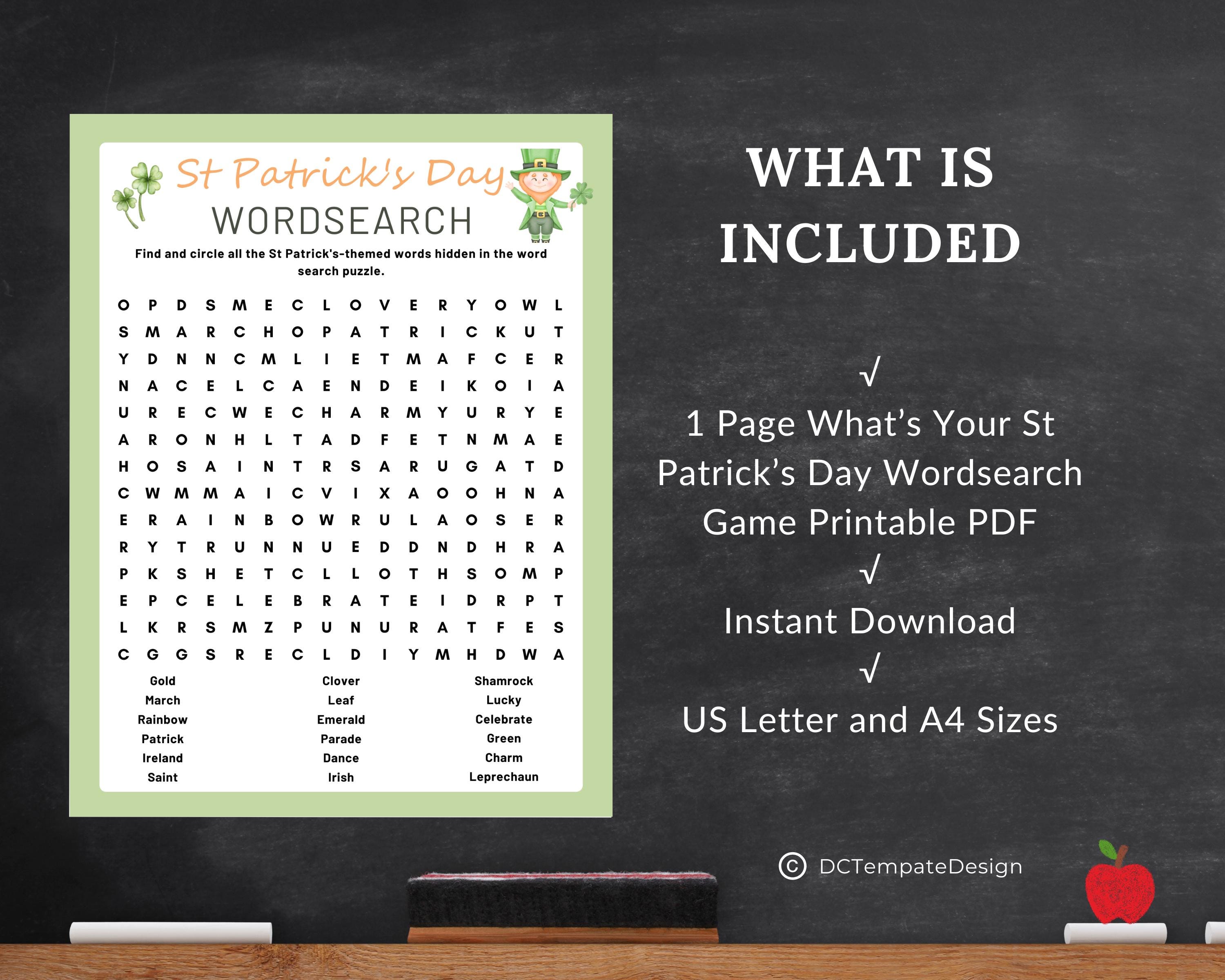 St Patrick's Day Word Search Printable for Kids, St Patrick's Day Game ...