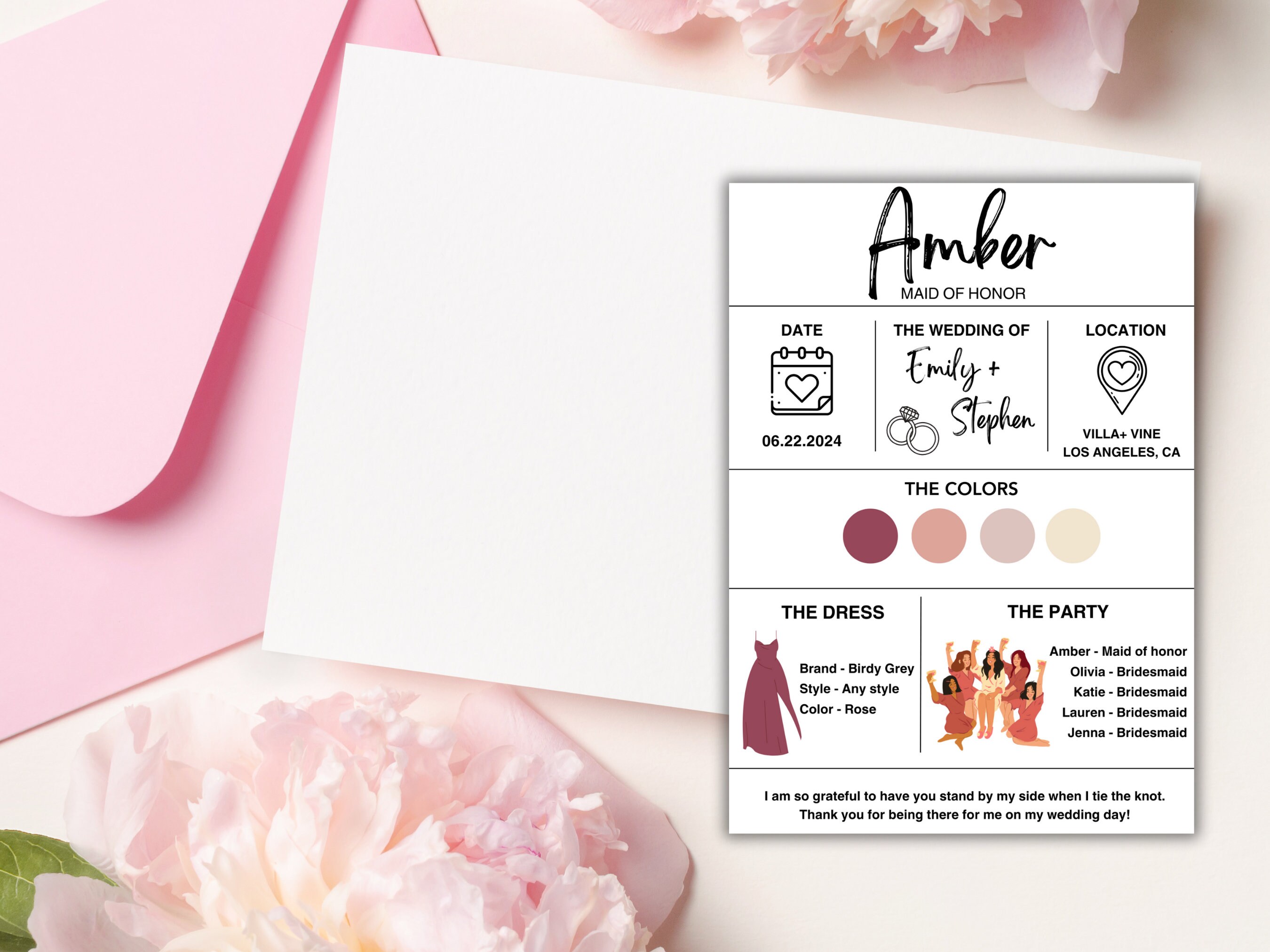 Editable Bridesmaid Info Card Template, Minimalist Design for Bridal ...