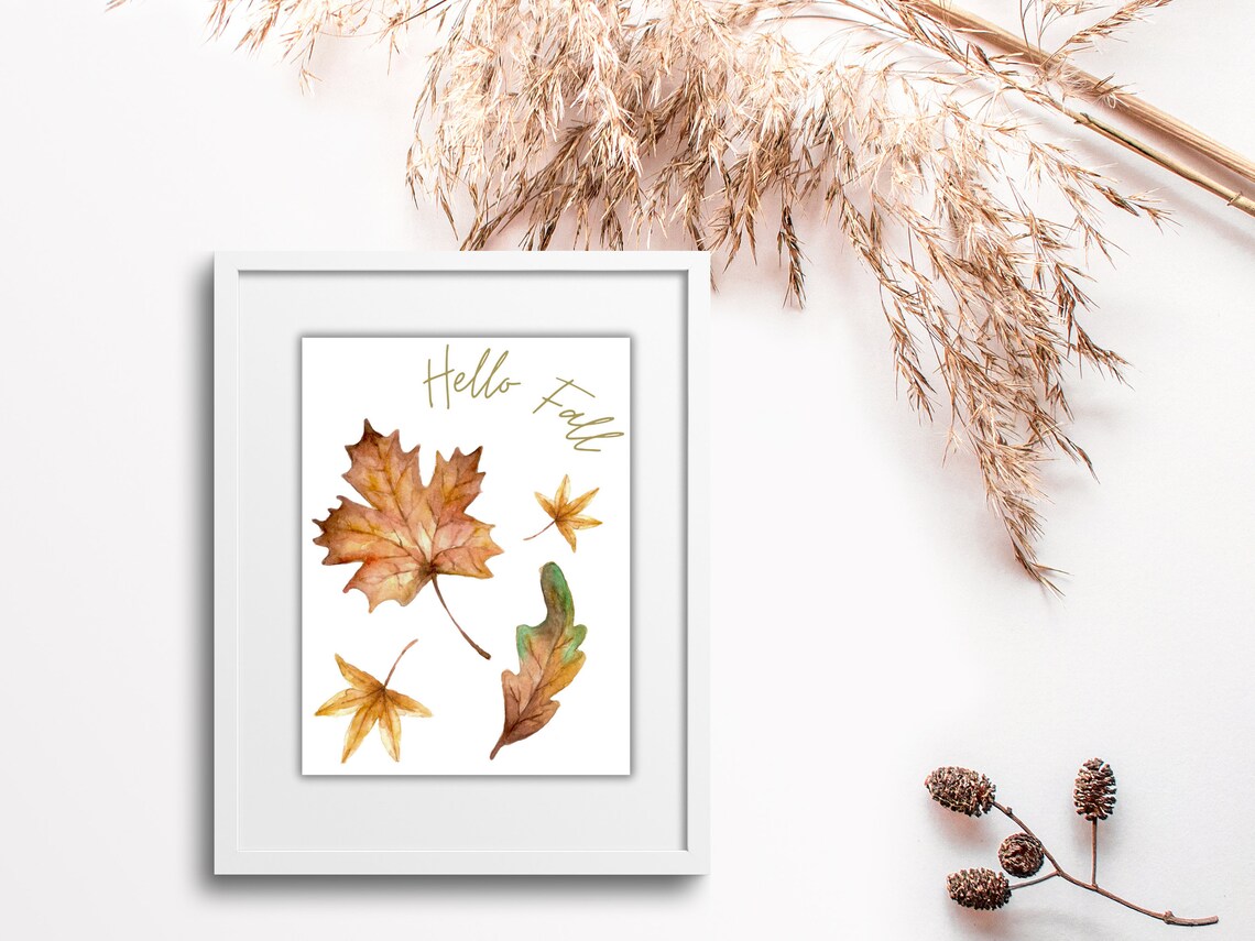 Hello Fall Leaves Printable Wall Art, Fall Leaves Wall Art, Hello Fall ...