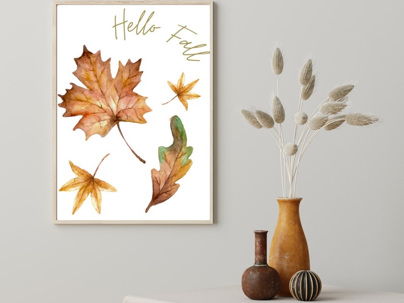 Hello Fall Leaves Printable Wall Art, Fall Leaves Wall Art, Hello Fall ...