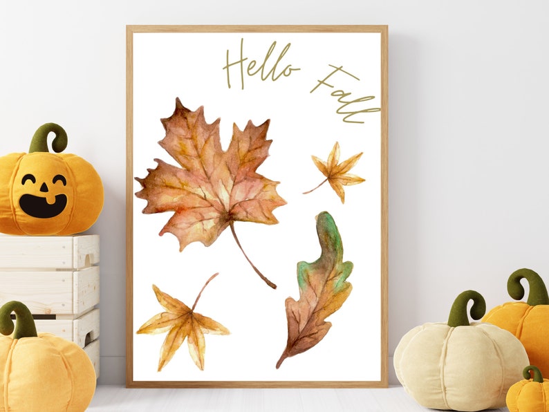 Hello Fall Leaves Printable Wall Art, Fall Leaves Wall Art, Hello Fall ...