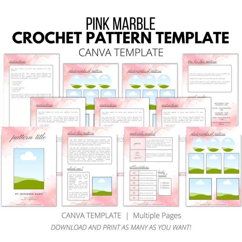 Pink Marble Crochet Pattern Template for Crochet Businesses Social Media Manager Canva Knitting ...