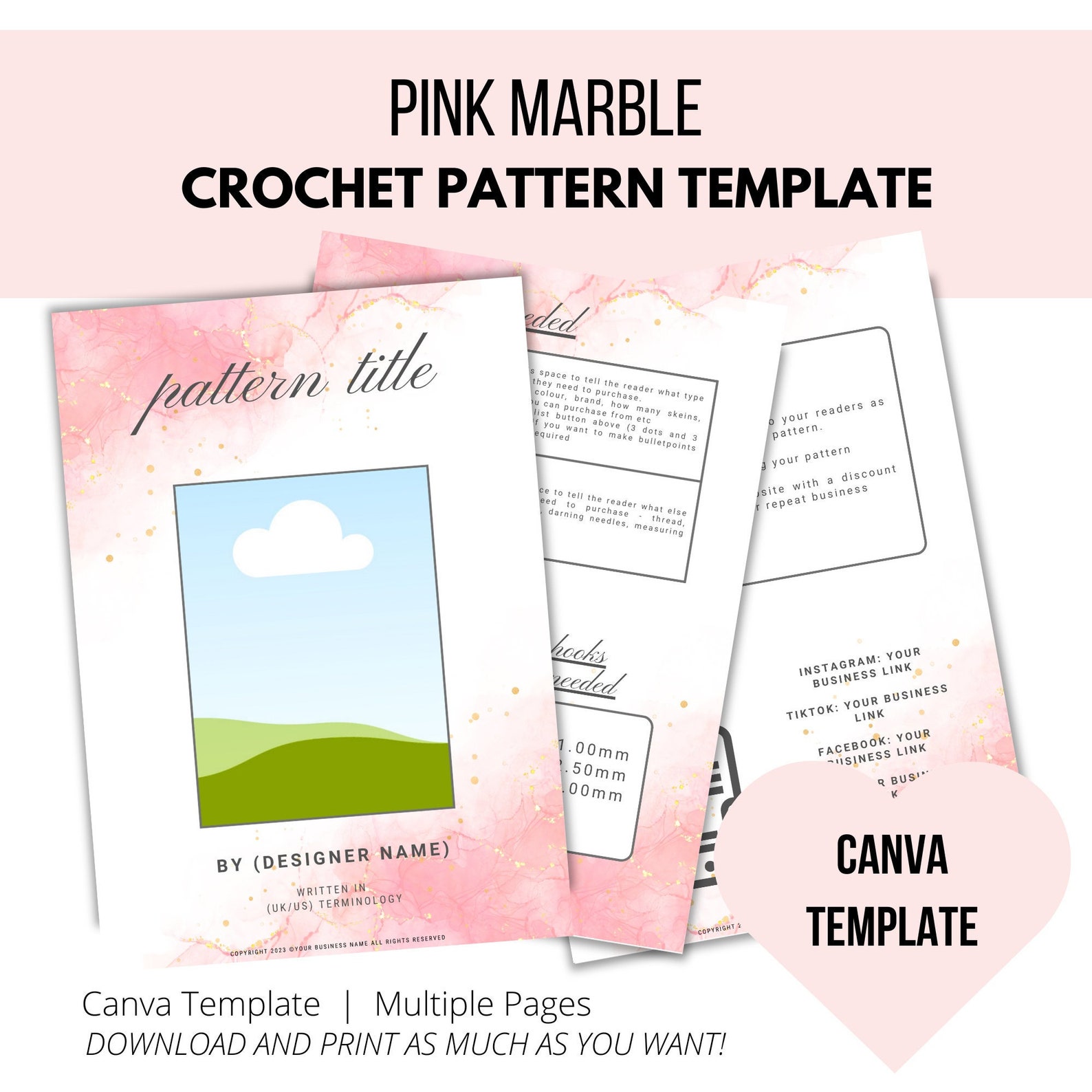 Pink Marble Crochet Pattern Template for Crochet Businesses Social Media Manager Canva Knitting ...