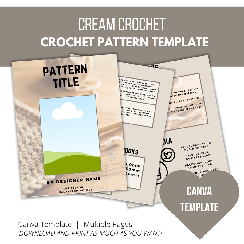 Cream Crochet Pattern Template for Crochet Businesses Social Media Manager Canva Knitting ...