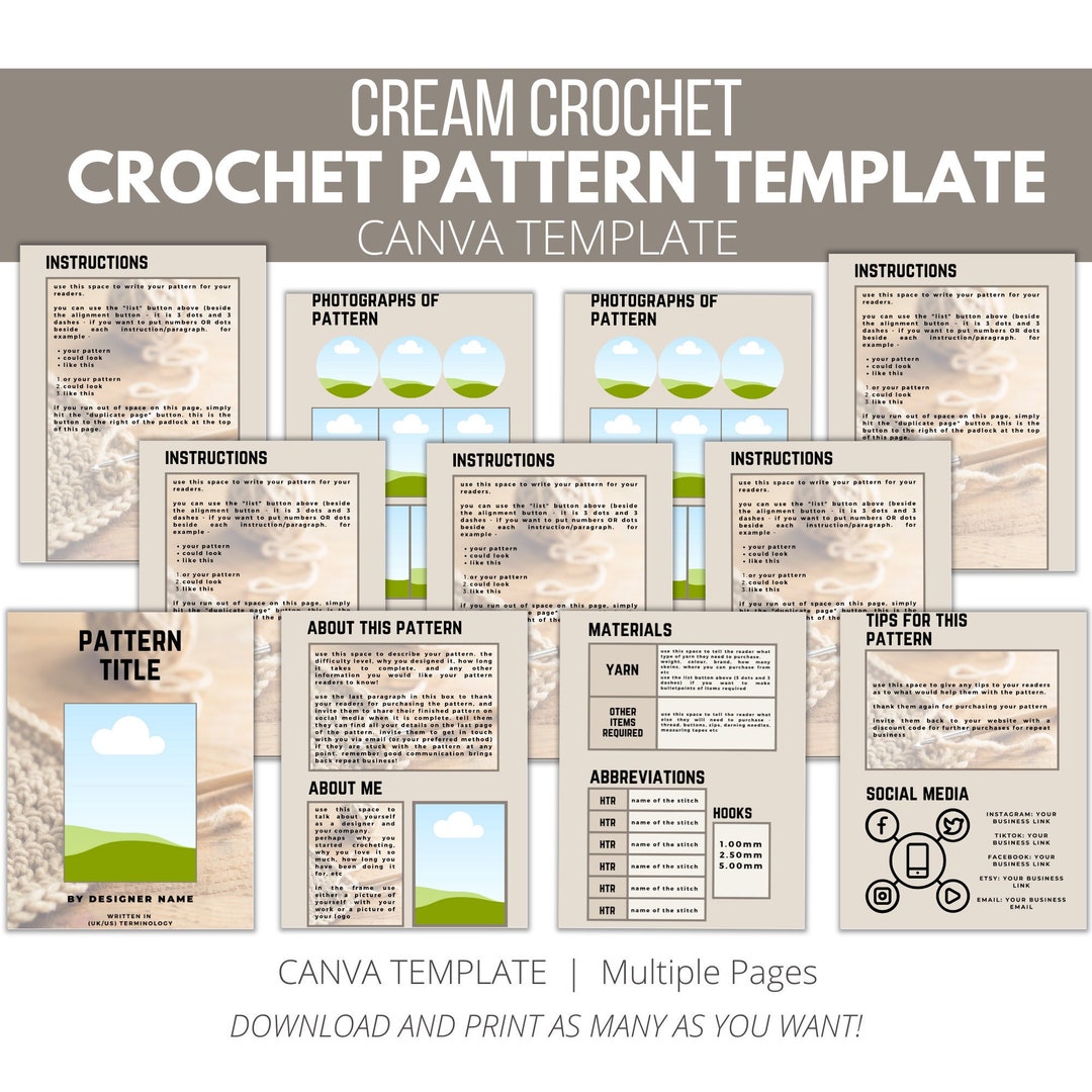 Cream Crochet Pattern Template for Crochet Businesses Social Media Manager Canva Knitting ...