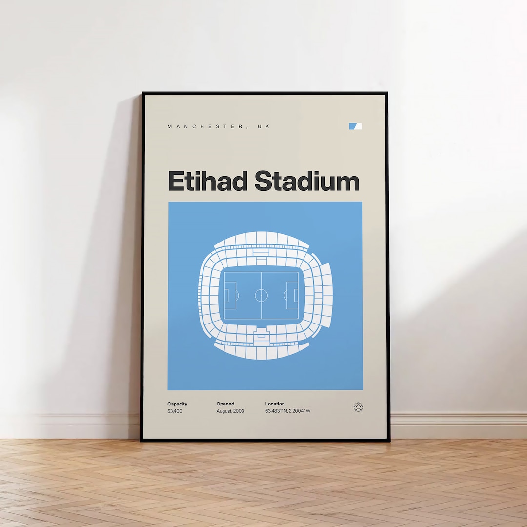 Manchester City Poster, Manchester Etihad Stadium Print, Mid Century ...